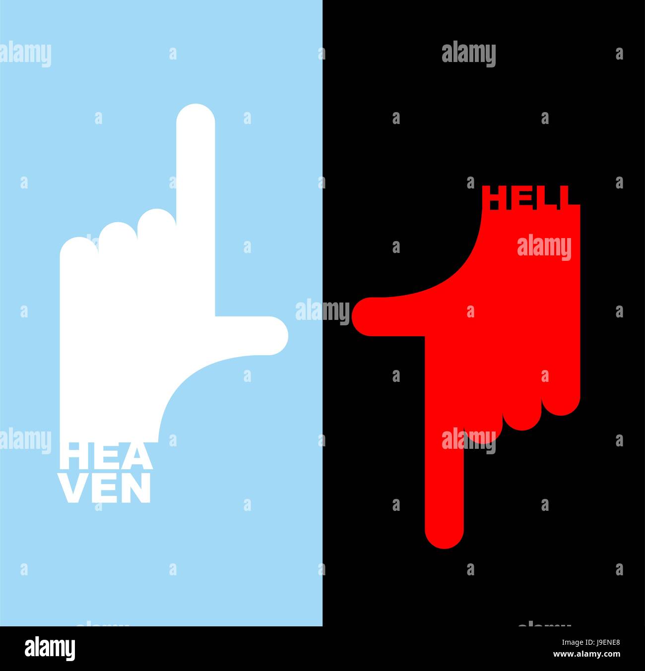Hell and heavene. Direction signs. Gesture hands up finger, thumb down ...