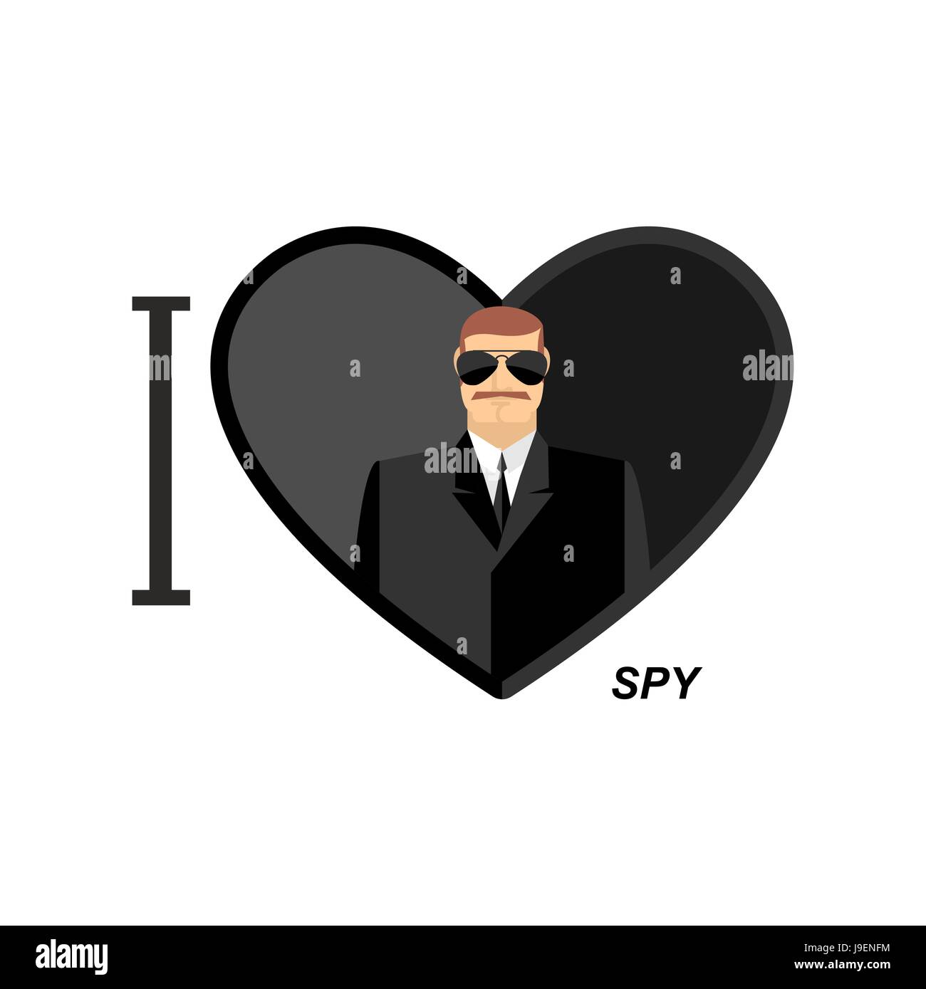 I love spy. Man in black glasses and dressed in a symbol of heart ...