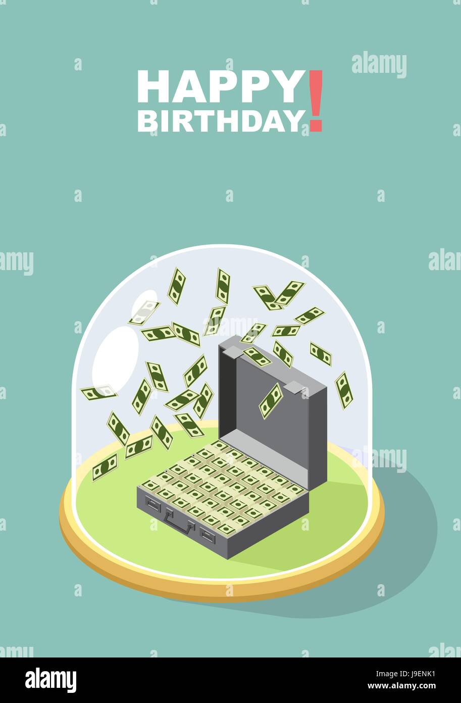 Happy Birthday. Falling money. Case of money. Wealth. Congratulations ...