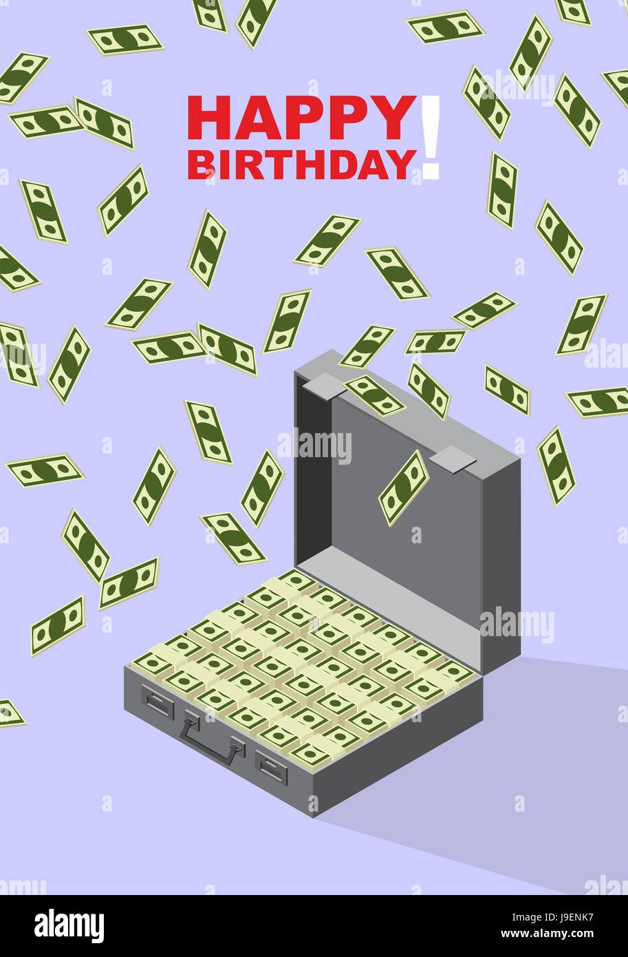 Happy Birthday. Falling money. Case of money. Wealth. Congratulations ...