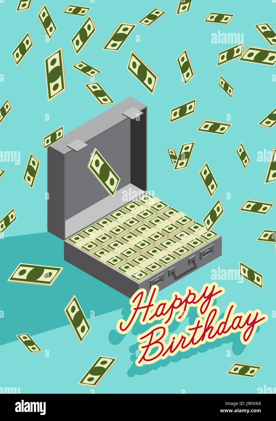 Happy Birthday. Falling money. Case of money. Wealth. Congratulations ...
