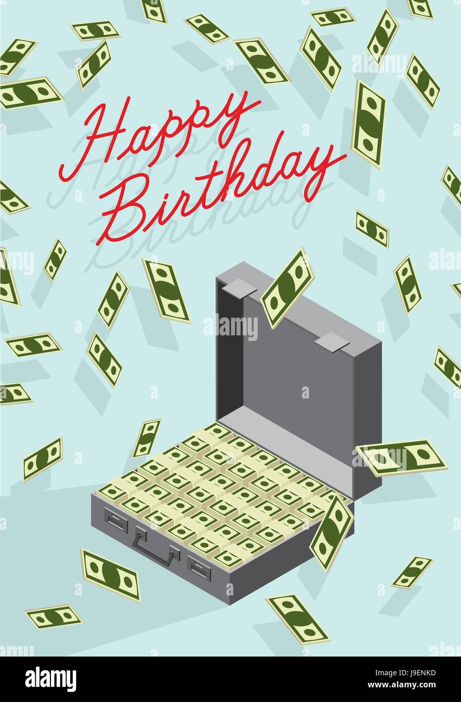 Happy Birthday. Falling money. Case of money. Wealth. Congratulations ...