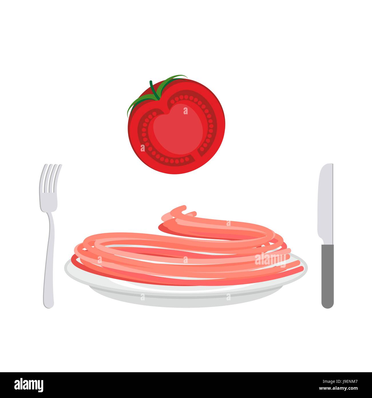 Red pasta with tomato ingredient. Spaghetti on a plate. Vector ...