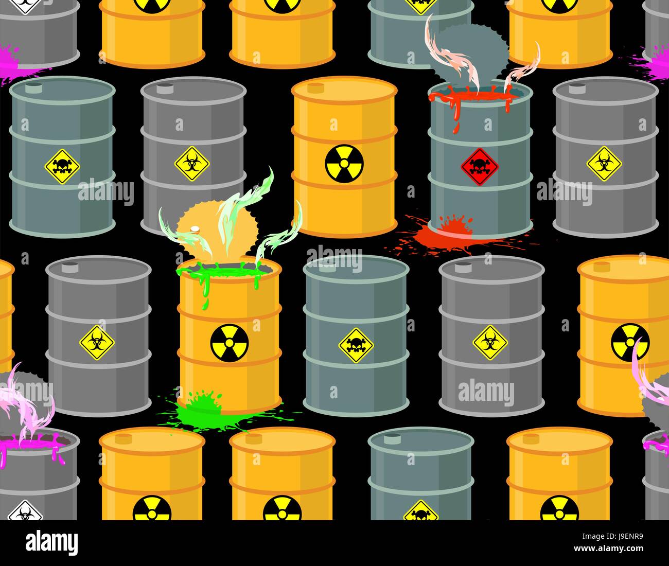Biohazard seamless pattern. Open barrels of radioactive and toxic ...