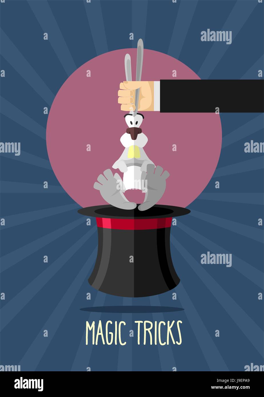 Magic trick. Magician holding rabbit by ears. Rabbit in hat magician ...