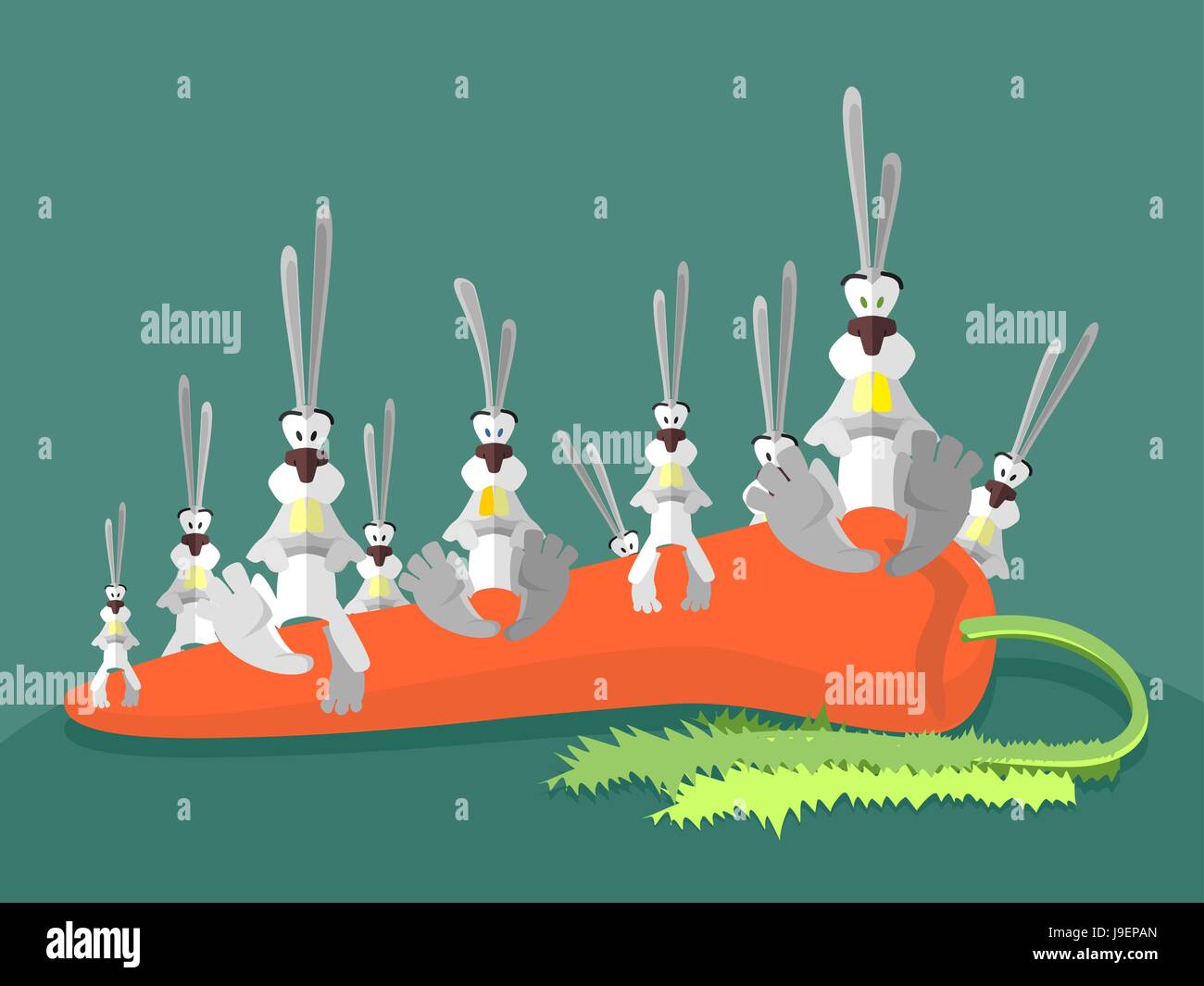 Rabbits and carrots. Many Happy hares sit on large carrots. Vector ...