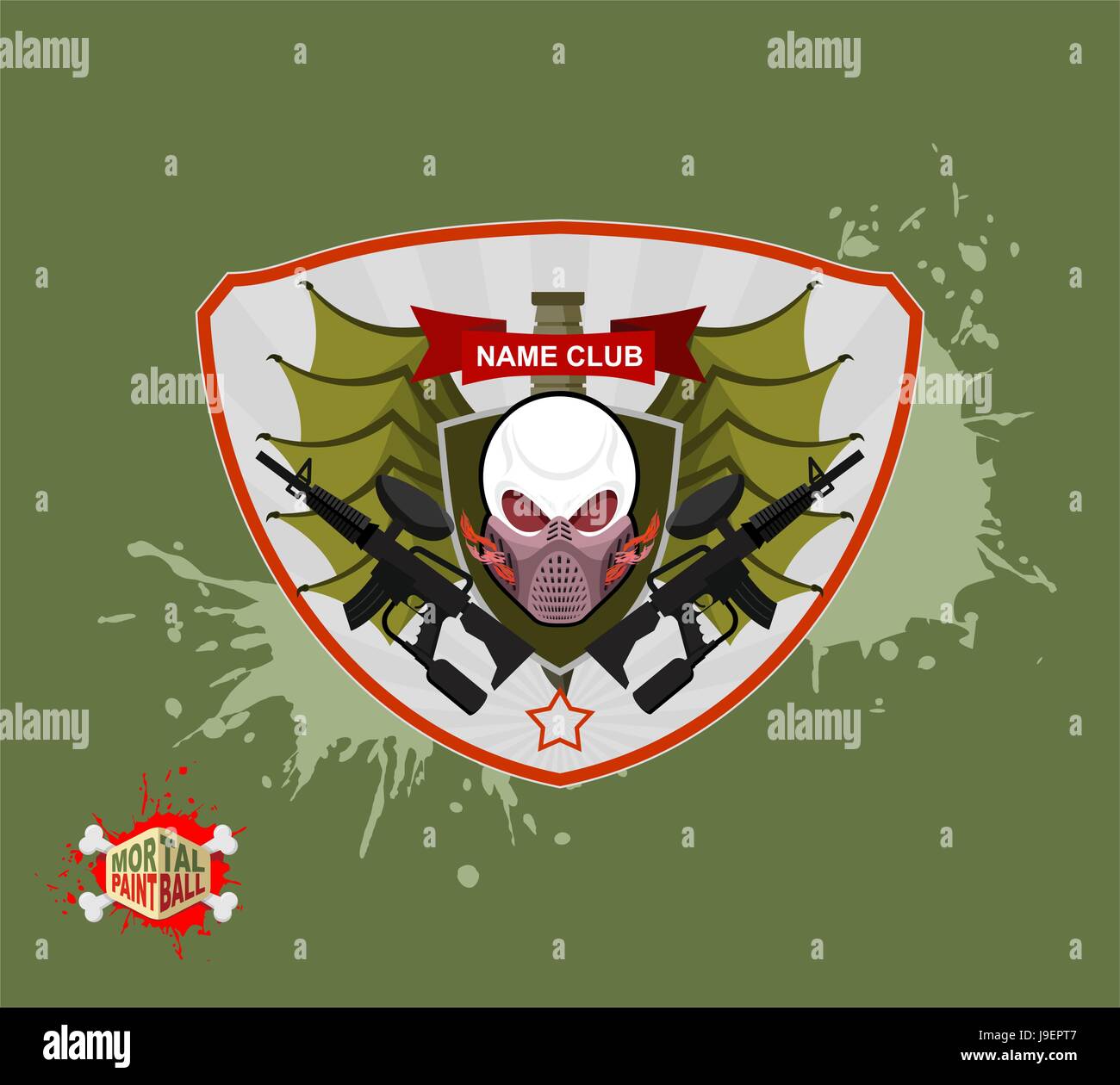 skull in paintball mask, paintball guns. Wings, arms and flame. Emblem ...