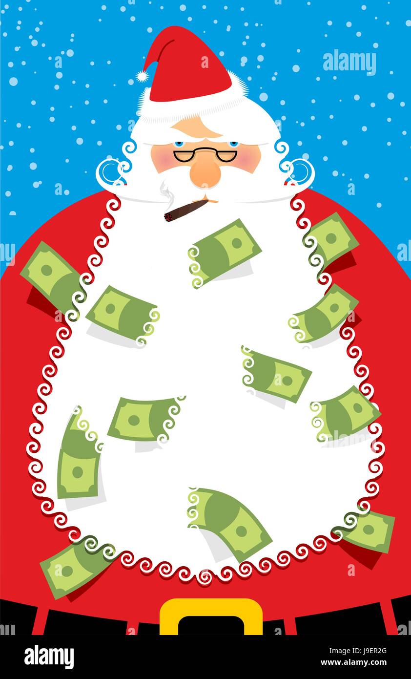 Rich Santa Claus. Many money in his beard. Santa brought Us dollars as ...