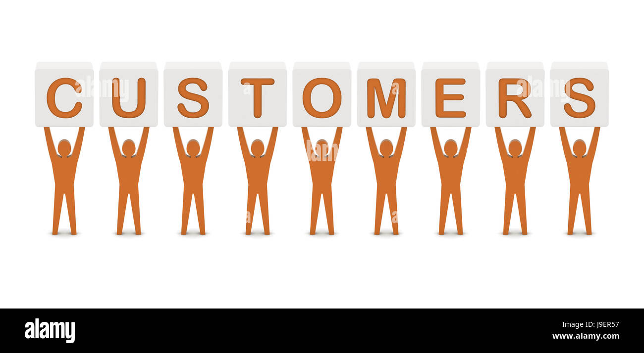Men holding the word customers. Concept 3D illustration Stock Photo - Alamy