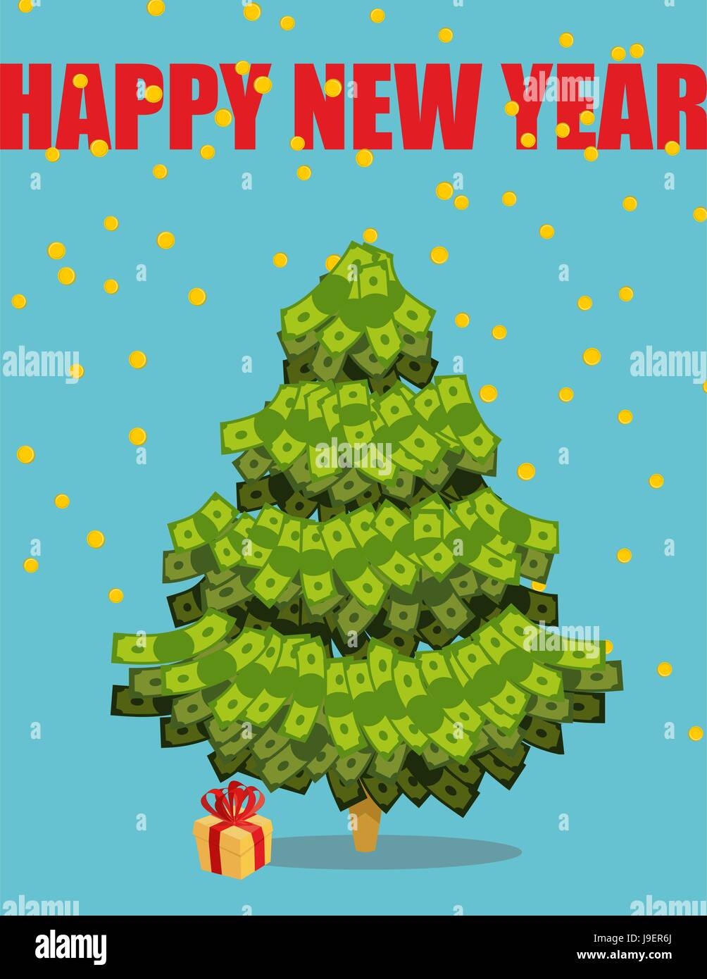 Christmas tree out of money. Happy new year. Snowfall of coins. Dollars ...