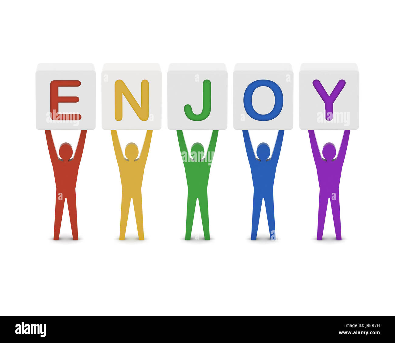 Men holding the word enjoy. Concept 3D illustration Stock Photo - Alamy