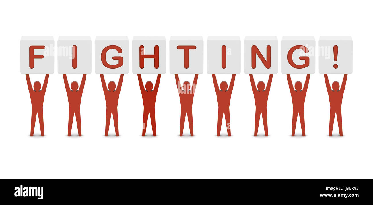 Men holding the word fighting. Concept 3D illustration Stock Photo - Alamy