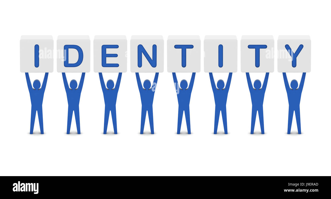 Men holding the word identity. Concept 3D illustration Stock Photo - Alamy