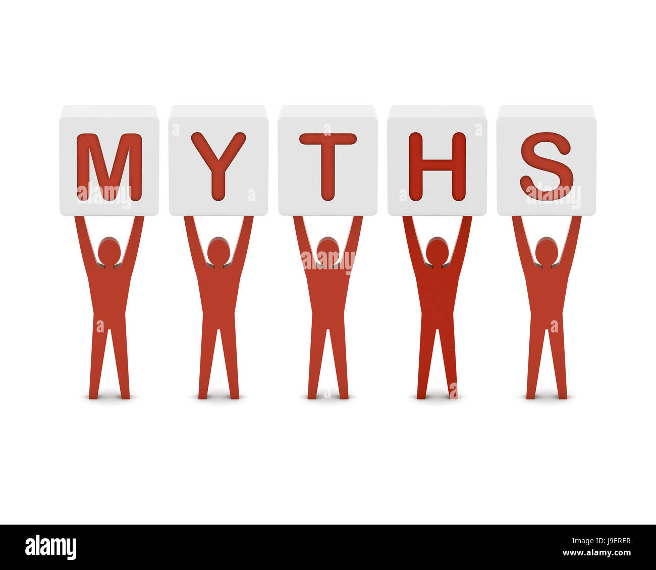 Men holding the word myths. Concept 3D illustration Stock Photo - Alamy