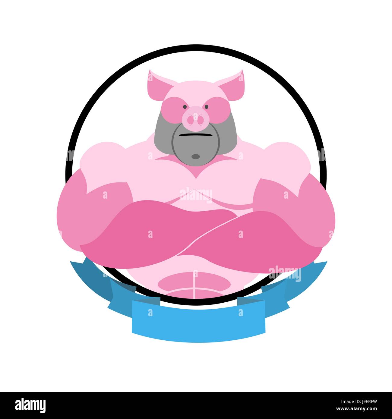 Angry pig Round emblem. Big boar bodybuilder. Vector logo farm animal ...
