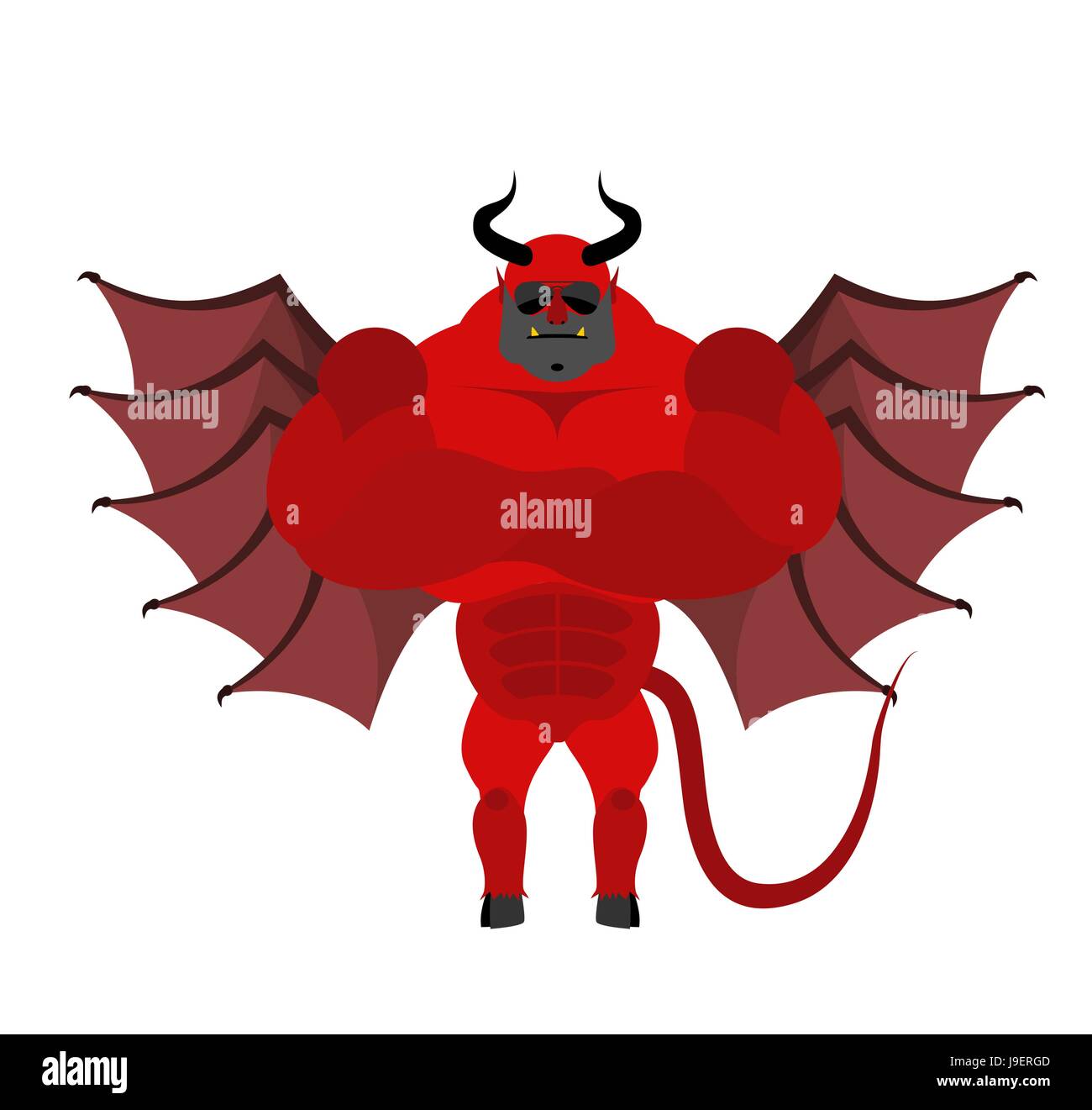 Strong Satan. Red demon with horns and wearing sunglasses. Big and ...