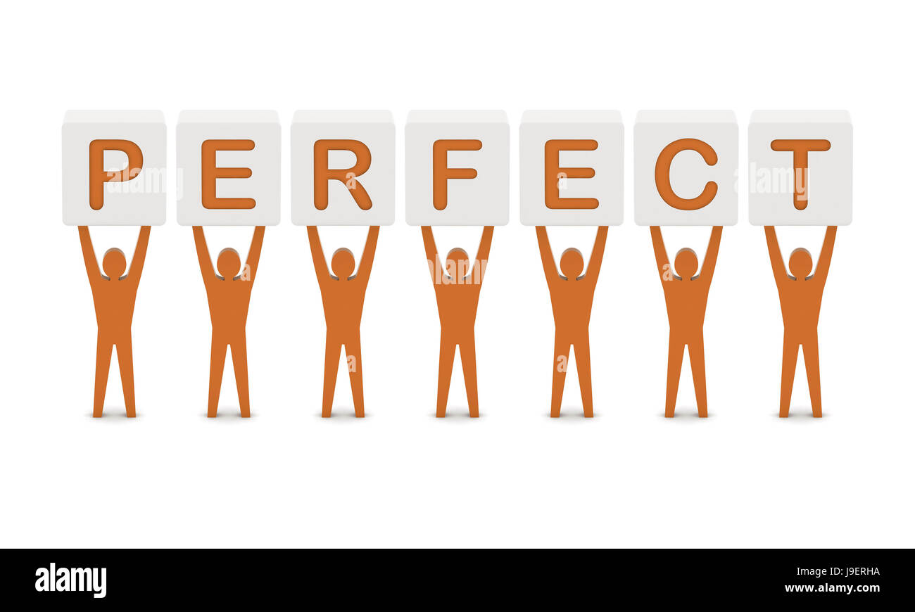 Men holding the word perfect. Concept 3D illustration Stock Photo - Alamy