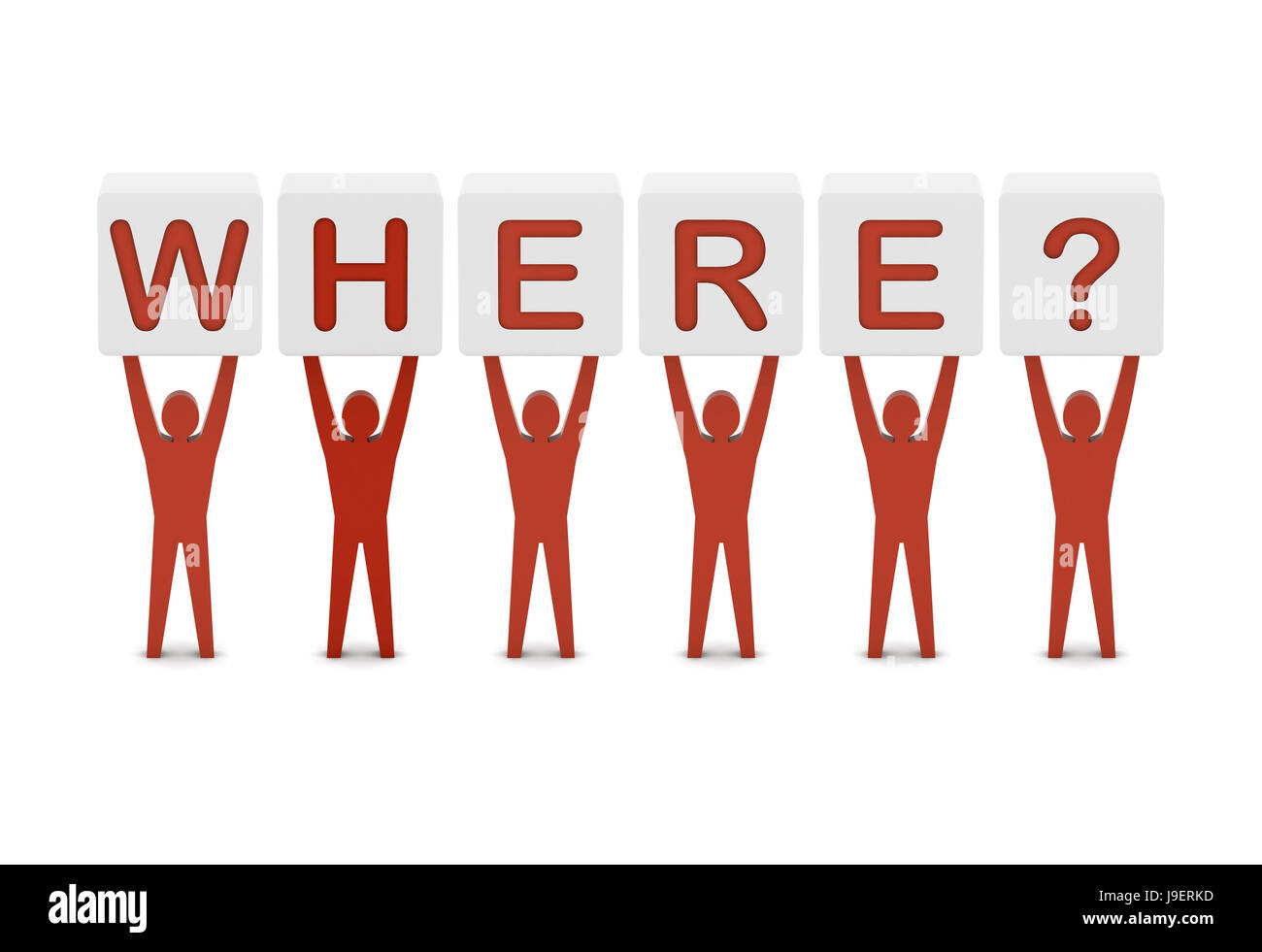 Men holding the question where. Concept 3D illustration Stock Photo - Alamy