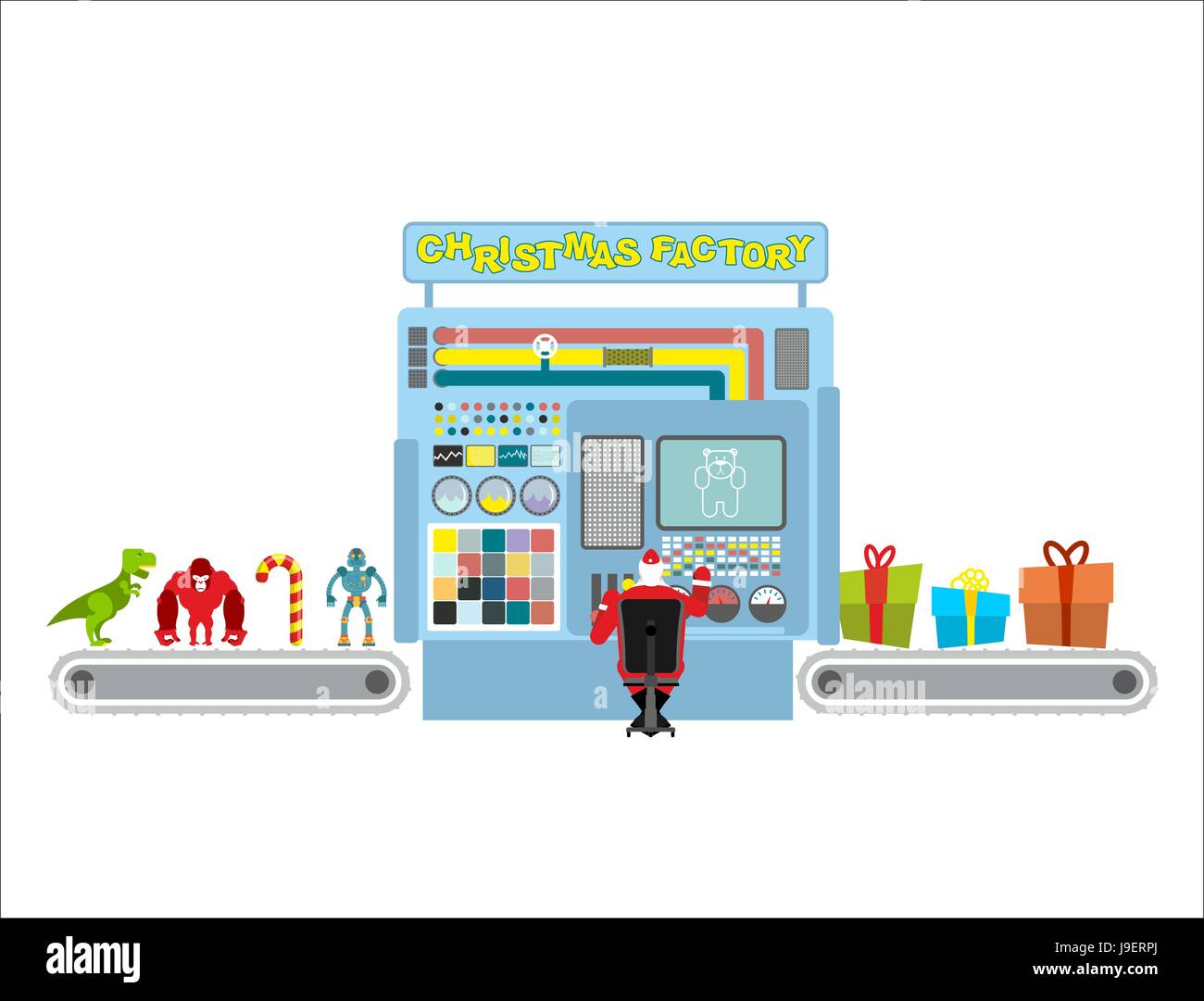 Christmas factory. Automatic line for production of gifts. Guy Claus ...