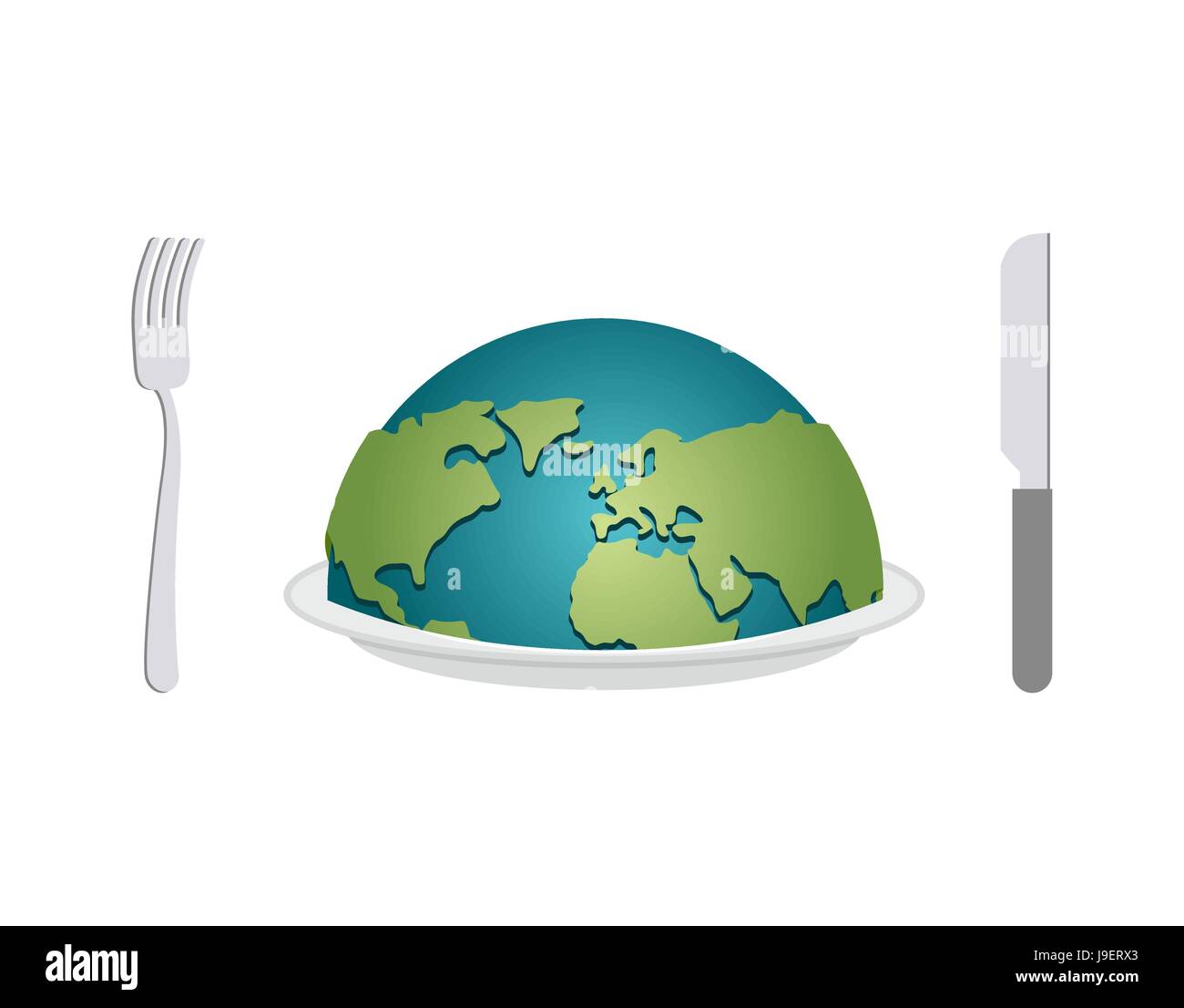 Earth on plate. Planet food. Cutlery: fork and knife. Globe awards ...