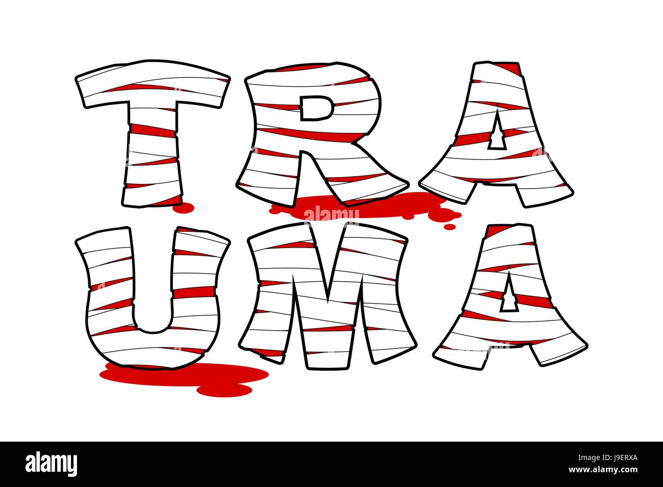 Trauma. Bloody letters wrapped medical bandages. Scarred text with ...