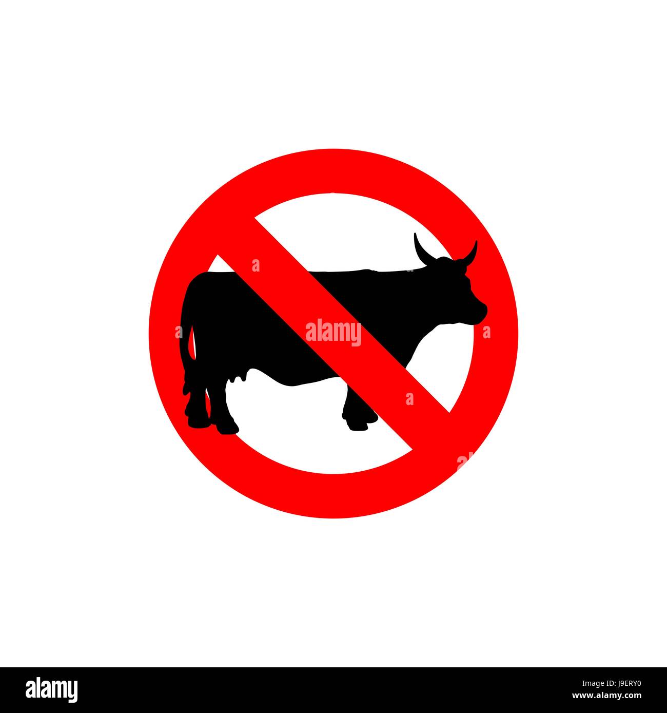 Stop cow. Prohibited cattle. Frozen farm animal. Red forbidden sign ...
