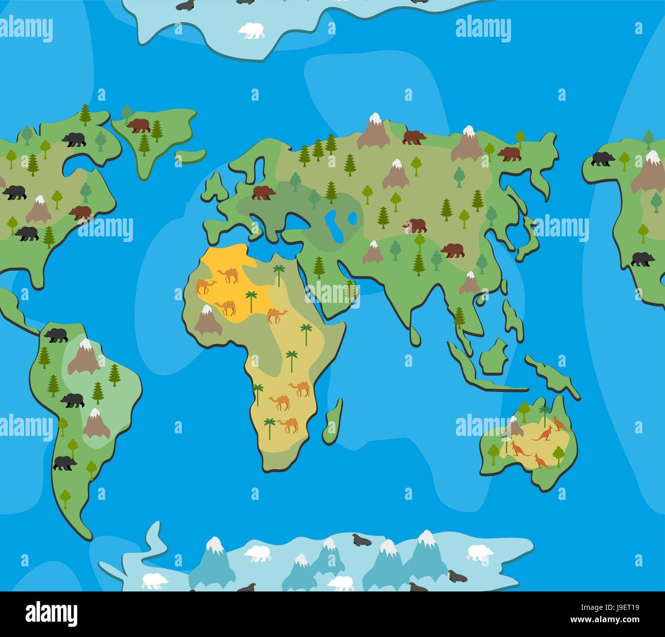 World map with animals and trees seamless pattern. Background of ...