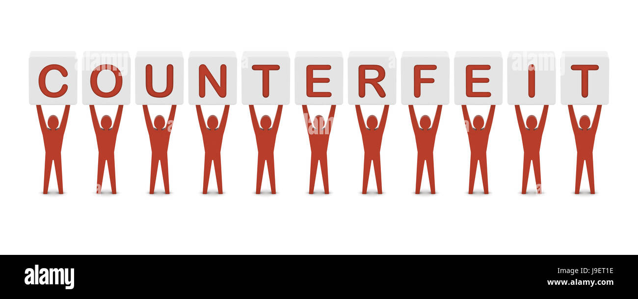 Men holding the word counterfeit. Concept 3D illustration Stock Photo ...