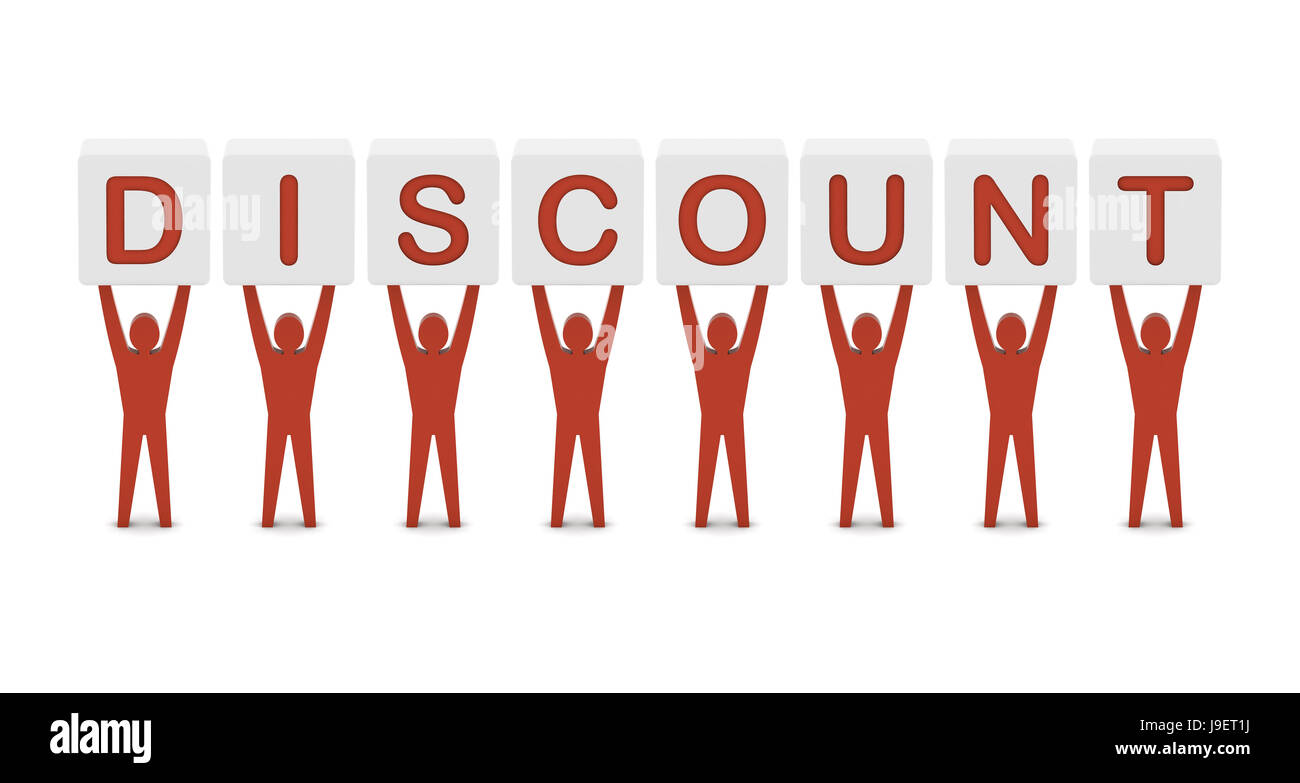 Men holding the word discount. Concept 3D illustration Stock Photo - Alamy