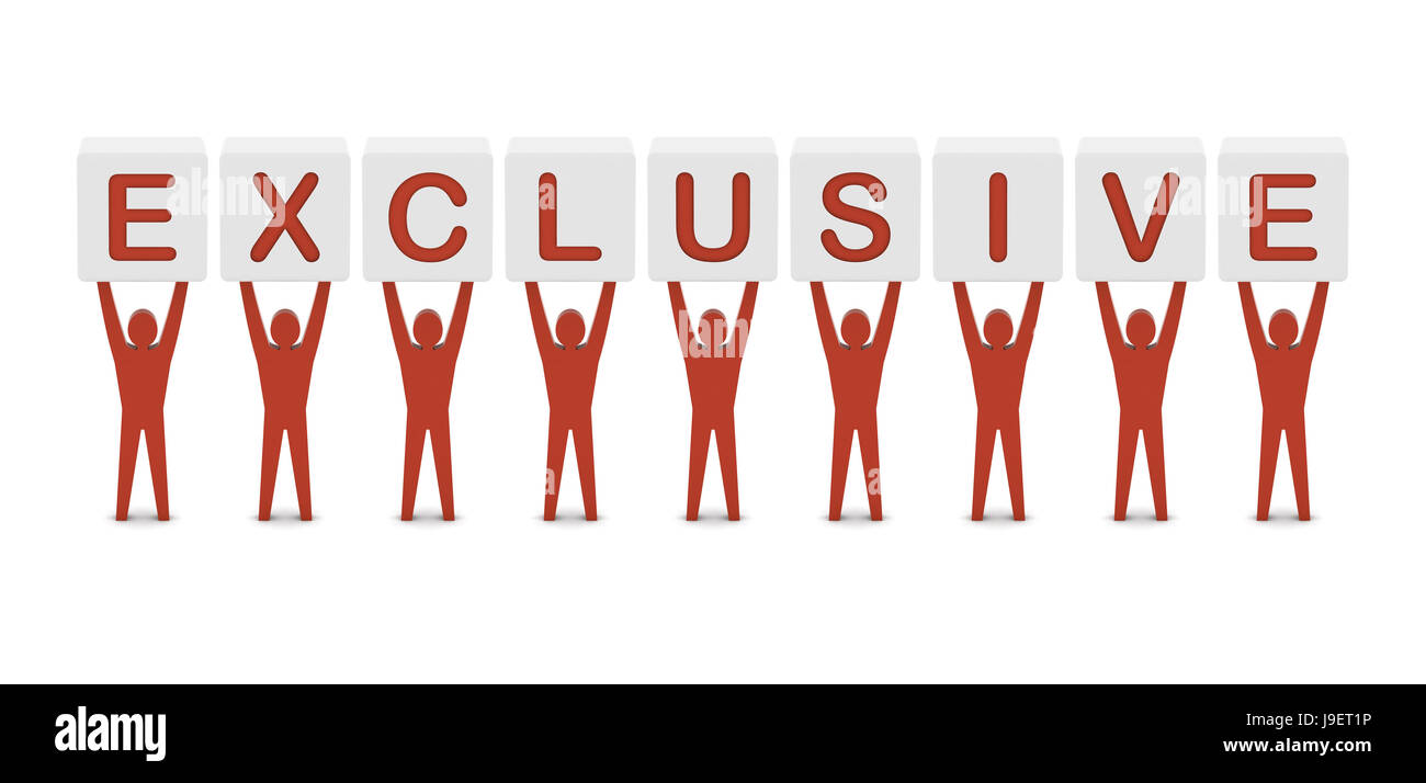 Men holding the word exclusive. Concept 3D illustration Stock Photo - Alamy