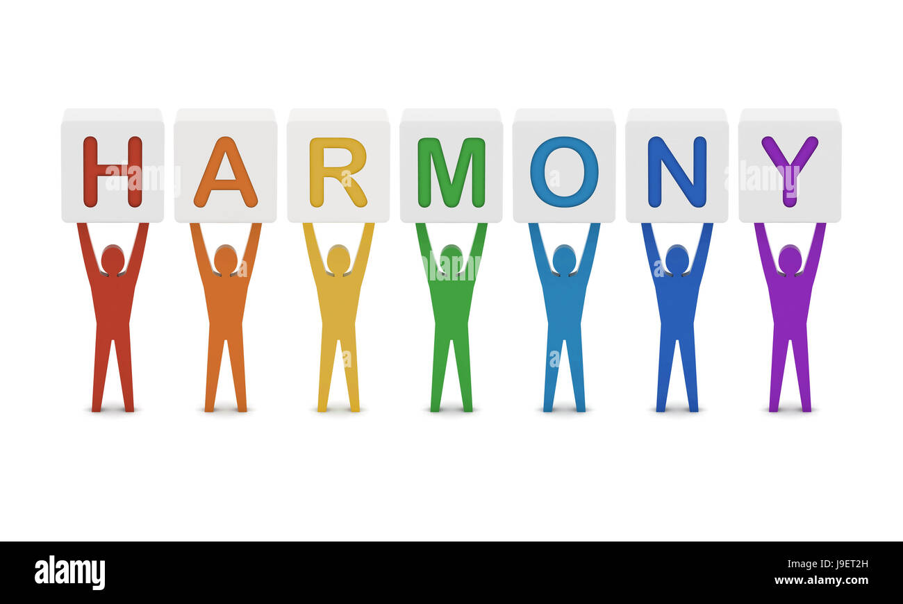 Men holding the word harmony. Concept 3D illustration Stock Photo - Alamy