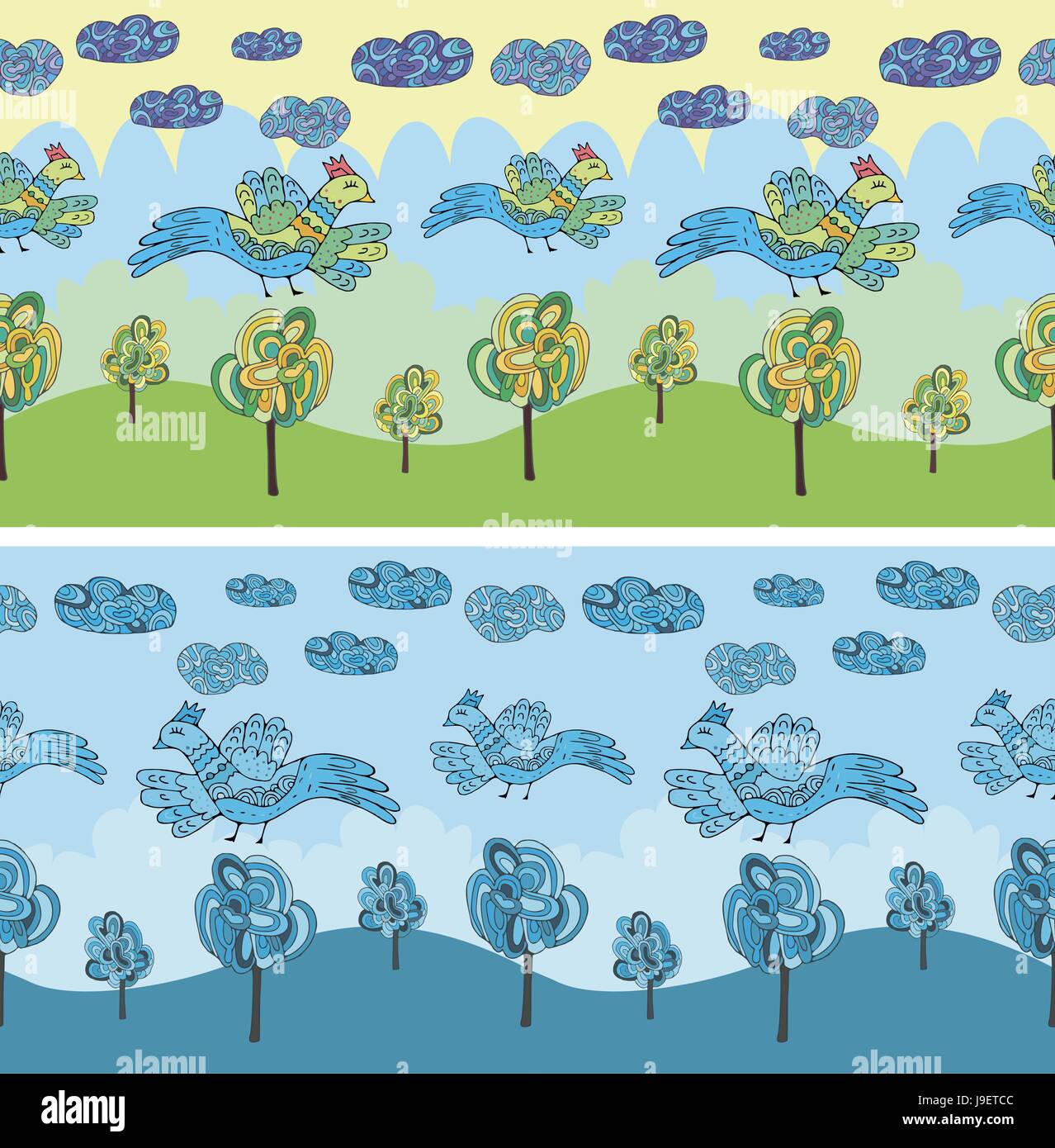 Primitive drawing birds. Cartoon seamless pattern with birds ...