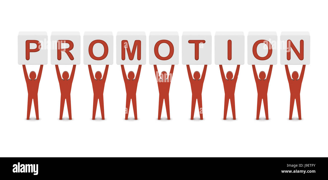 Men holding the word PROMOTION. Concept 3D illustration Stock Photo - Alamy