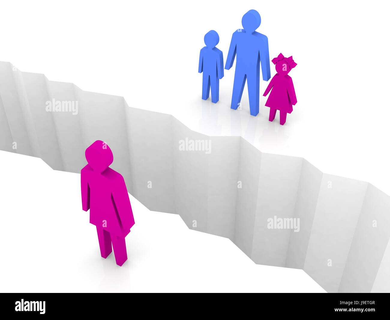Woman and man with children split on sides, separation crack. Concept ...