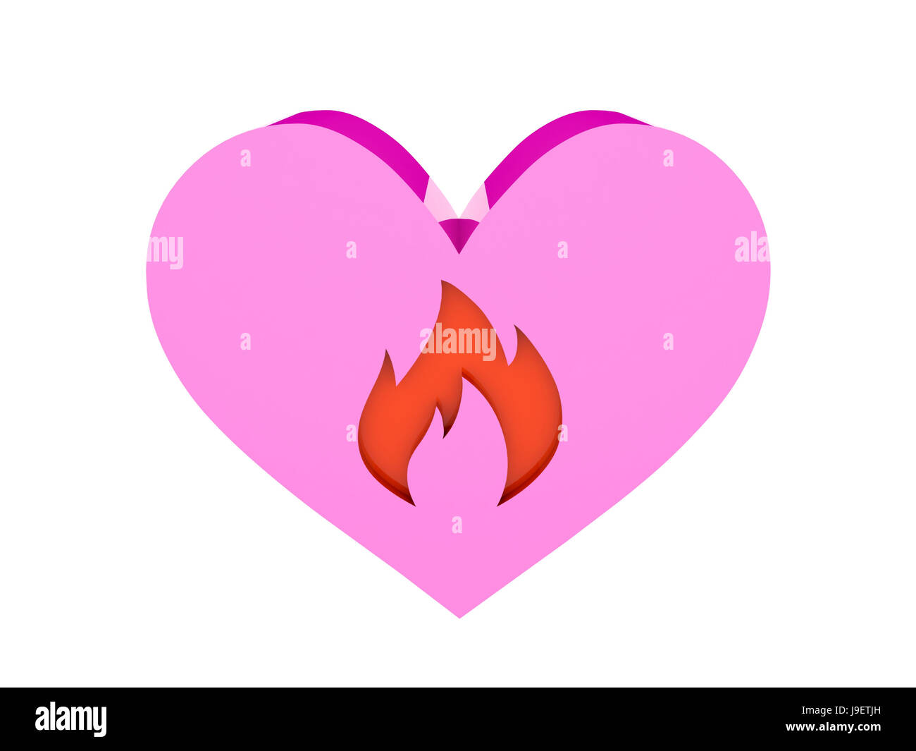 Big pink heart. Fire symbol cutout inside. Concept 3D illustration ...