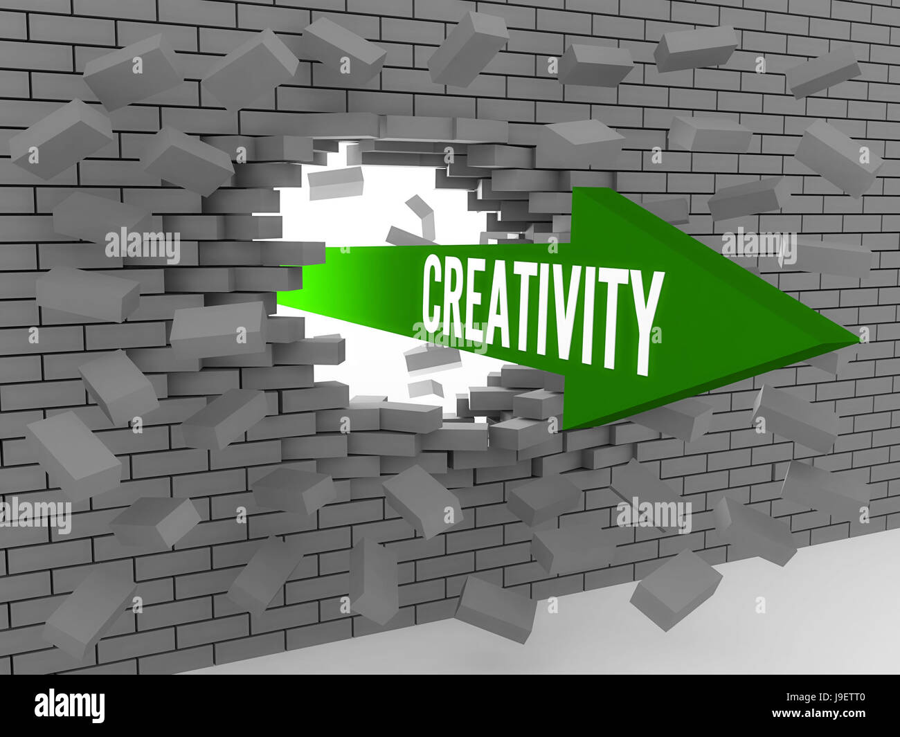 Arrow with word Creativity breaking brick wall. Concept 3D illustration ...