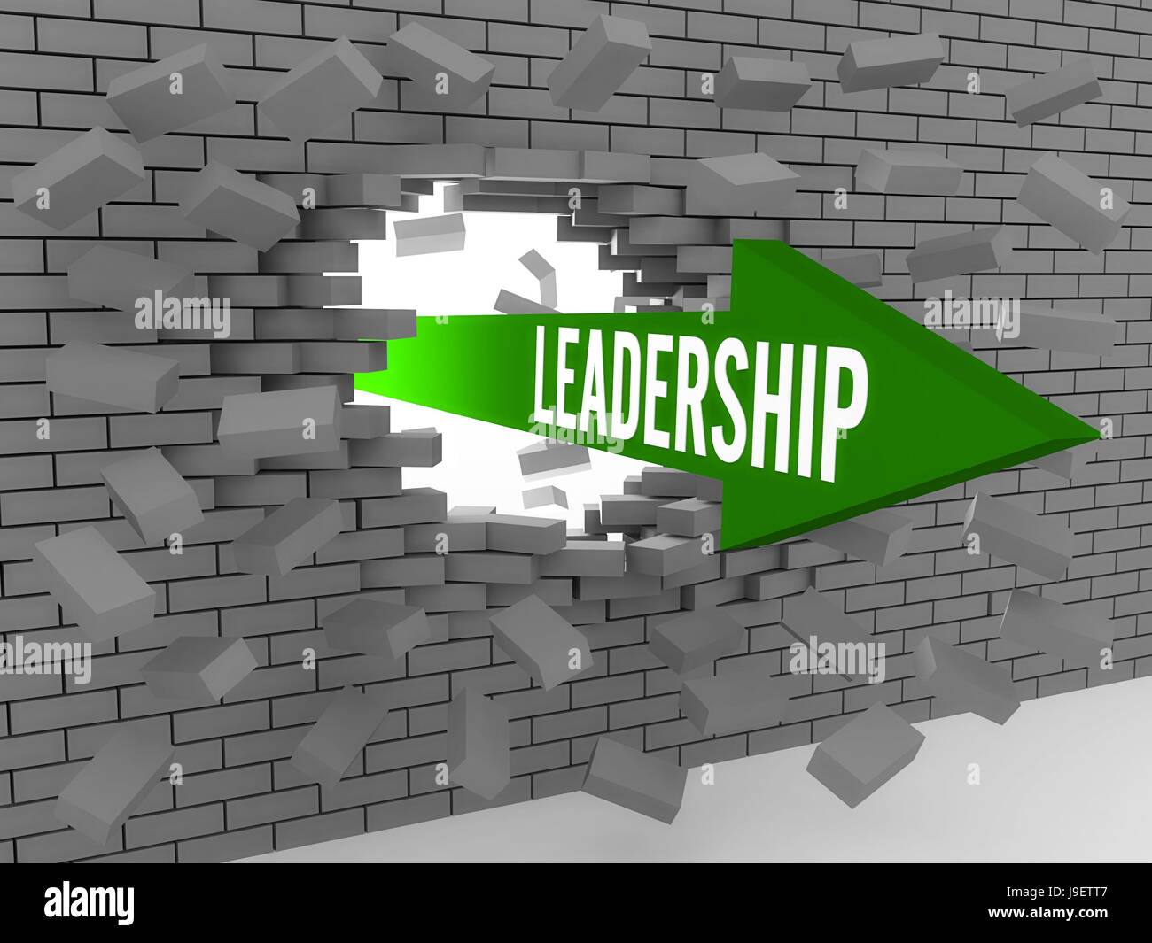 Arrow with word Leadership breaking brick wall. Concept 3D illustration ...