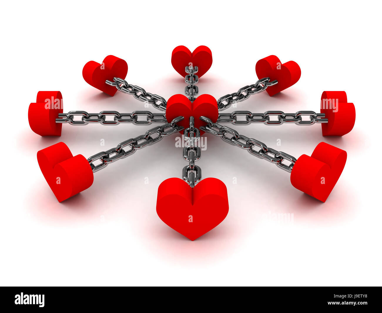 Eight hearts linked by black chain to one heart in center. Concept 3D ...