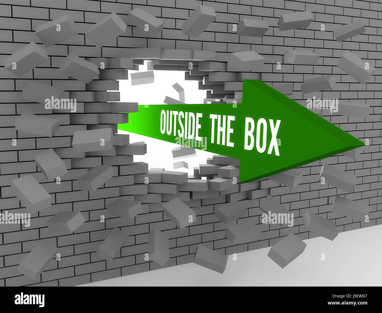 Arrow with words Outside The Box breaking brick wall. Concept 3D ...