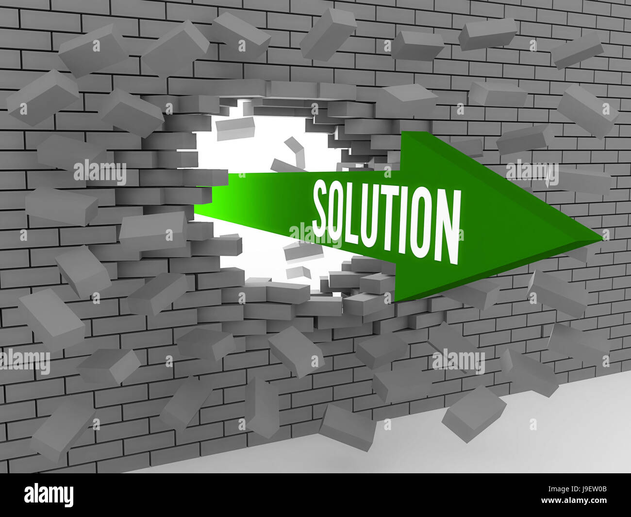 Arrow with word Solution breaking brick wall. Concept 3D illustration ...