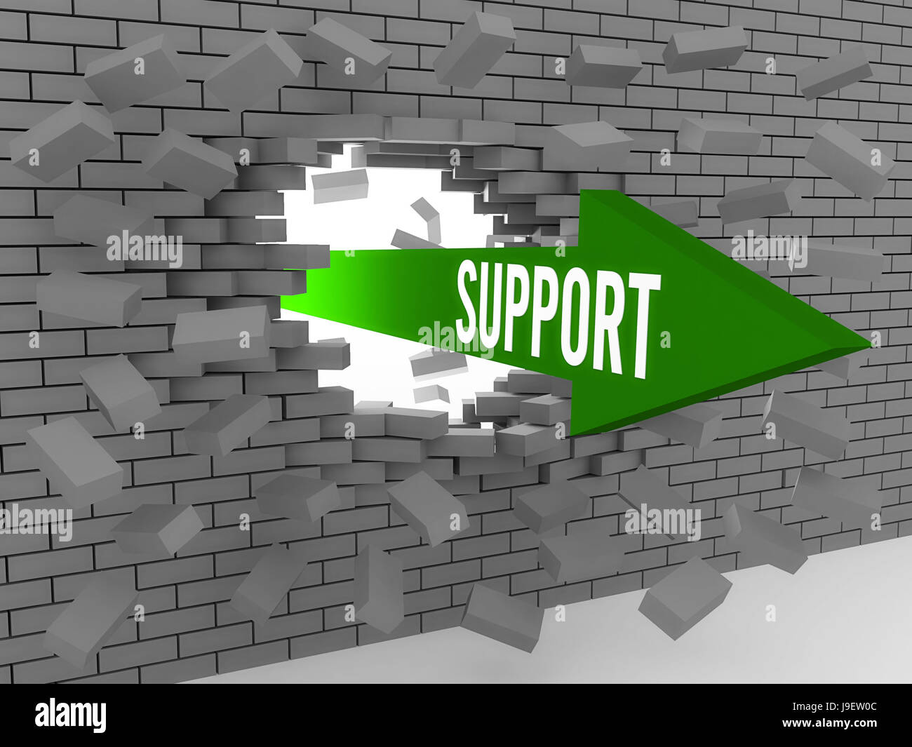 Arrow with word Support breaking brick wall. Concept 3D illustration ...