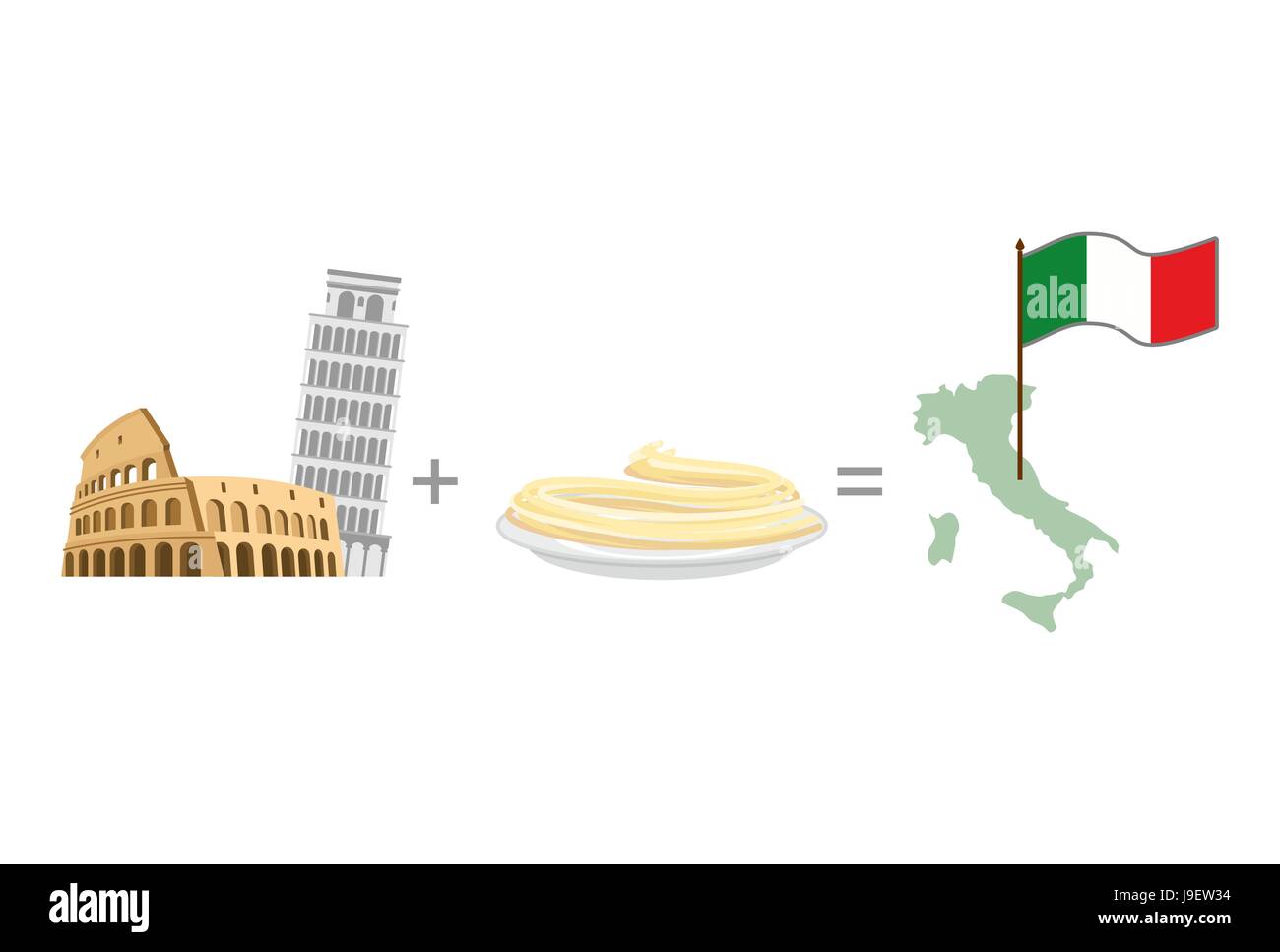 Colosseum and leaning tower of Pisa plus pasta (Spaghetti). Symbol of ...
