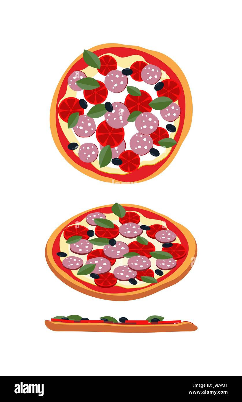 Pizza with tomatoes and sausage. Food top view, side view Stock Vector ...