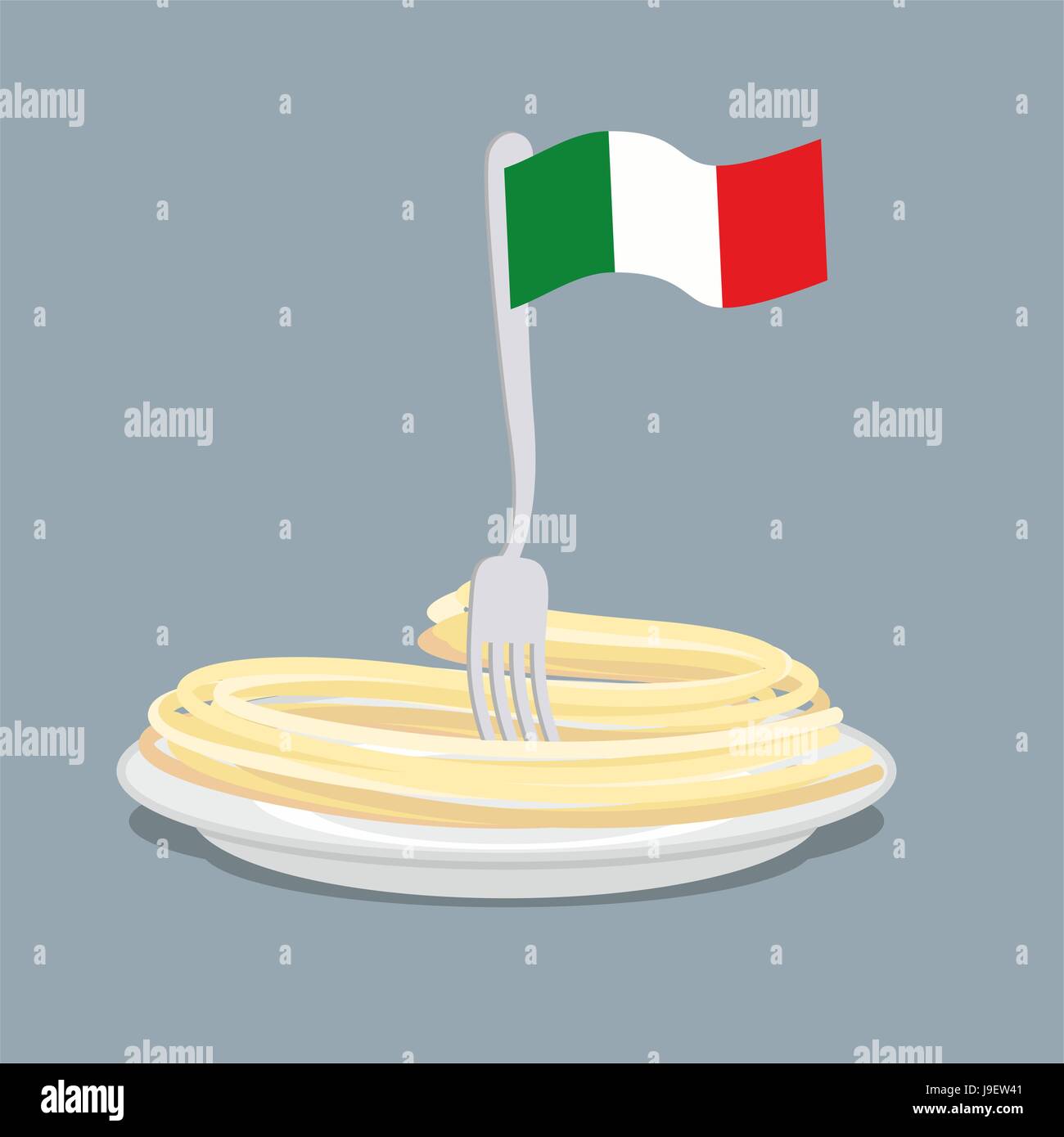 Plate of pasta with flag of Italy. Spaghetti with a fork. Vector ...