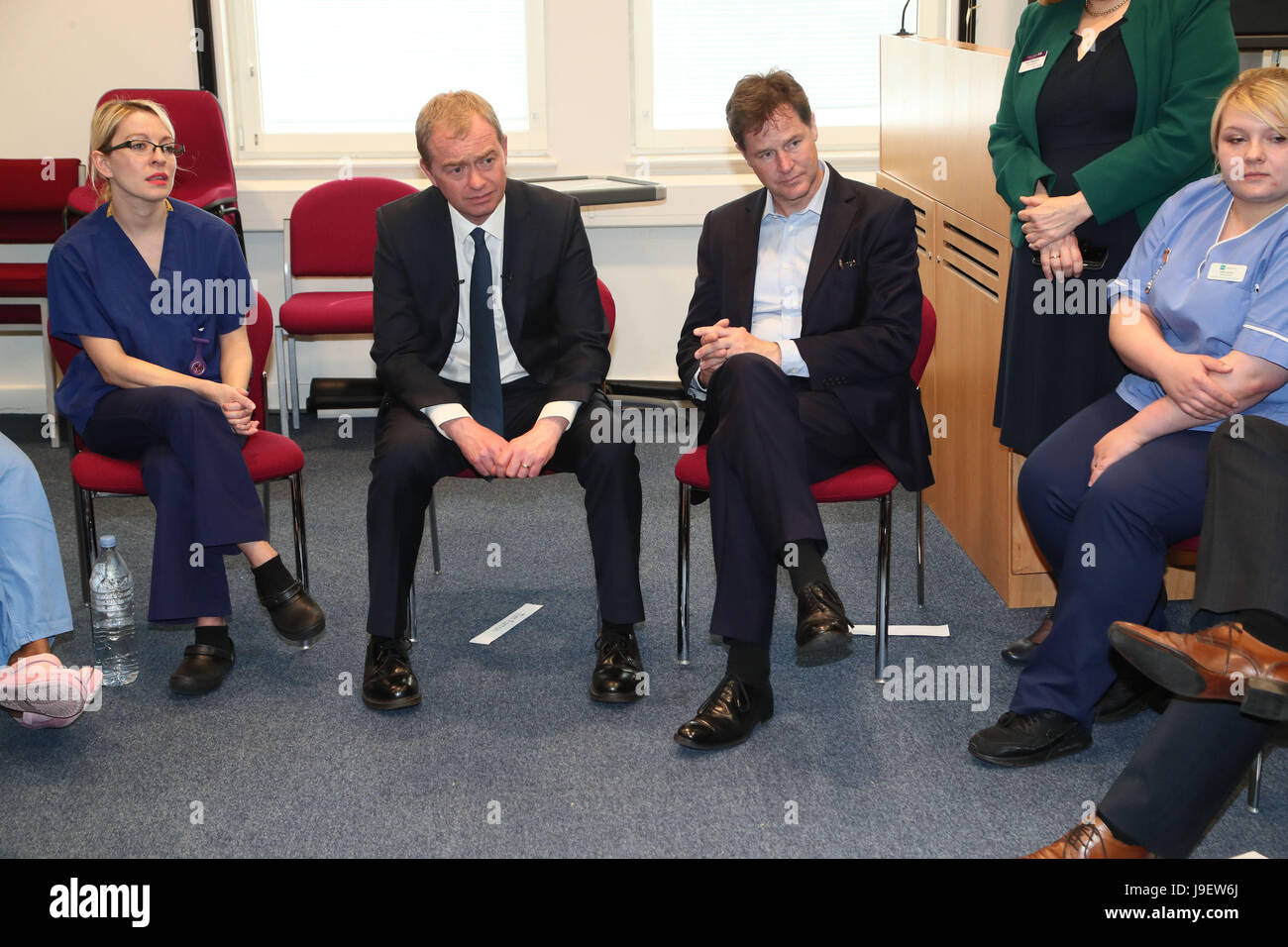 Liberal Democrat leader Tim Farron (second left) and Nick Clegg as they ...