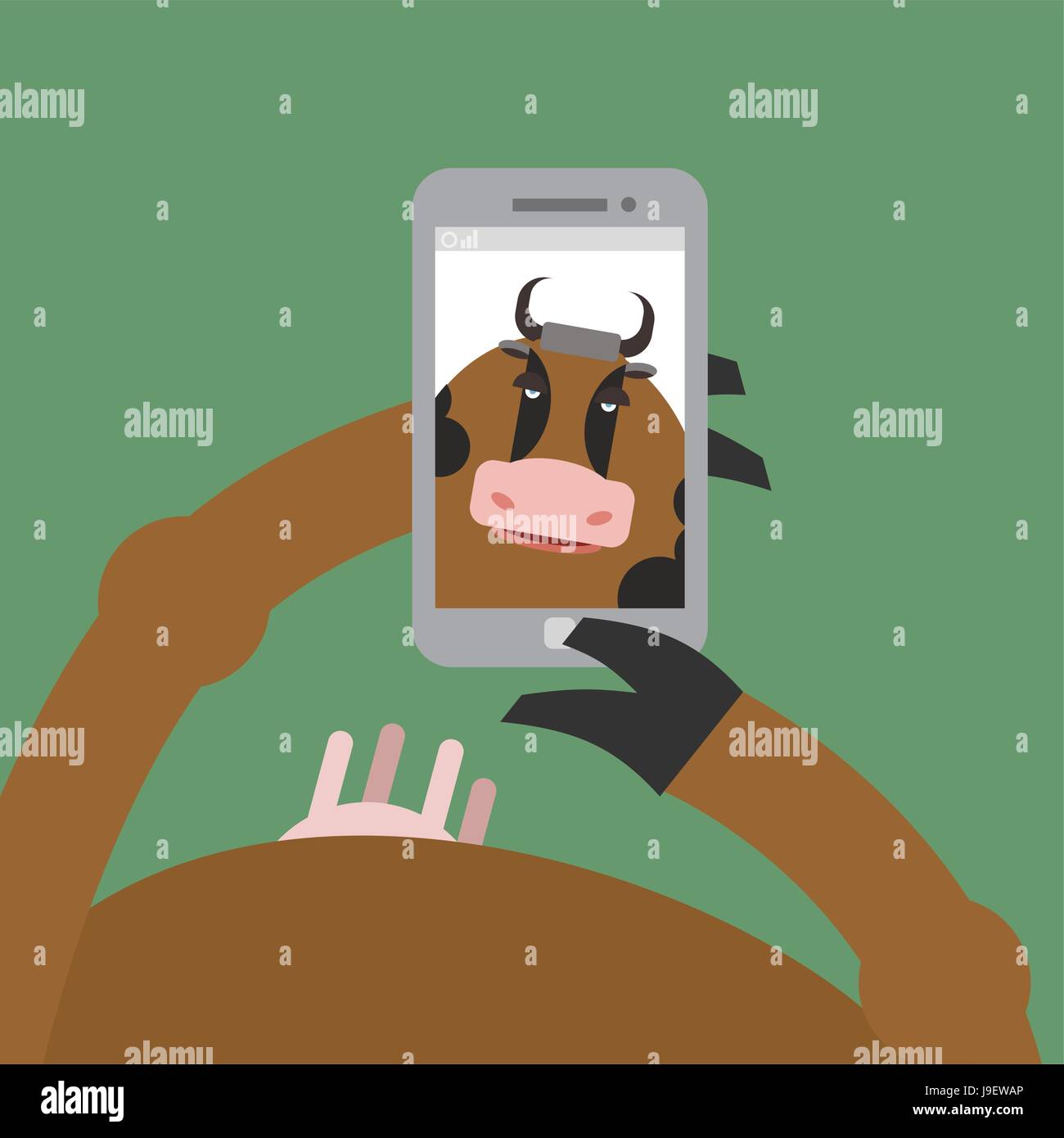 Selfie cow. Animal is photographed on phone. Smartphone in hoof. Vector ...