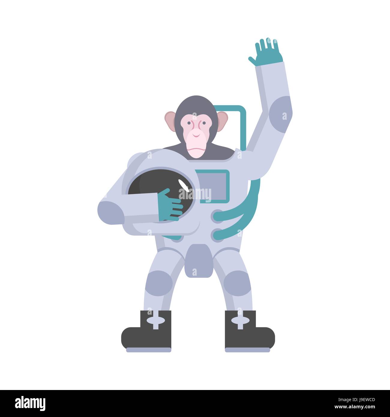 Monkey astronaut waving hand. Animal suit keeps helmet. Vector ...
