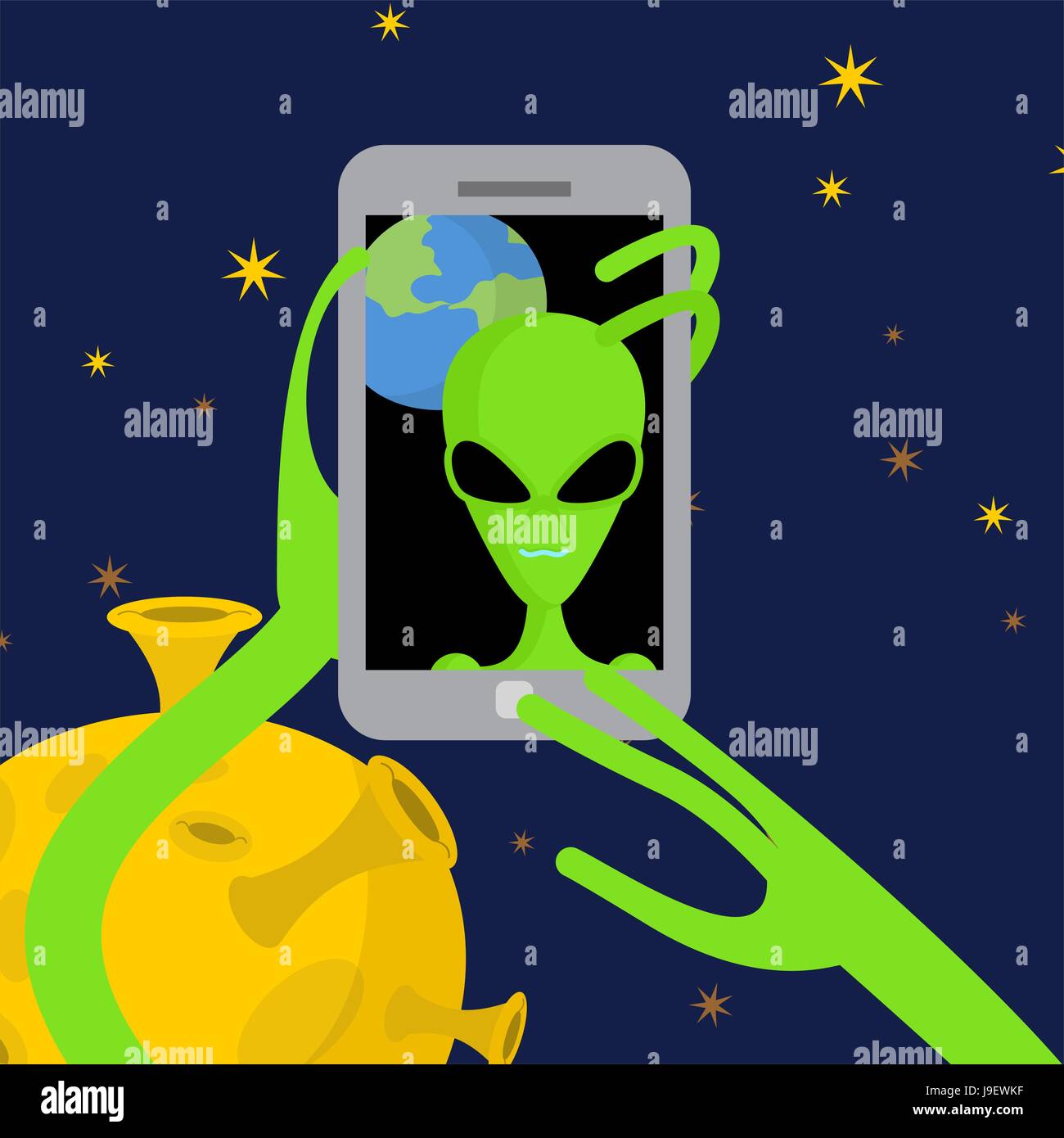 Alien makes selfie in space. Space alien takes pictures of herself on ...