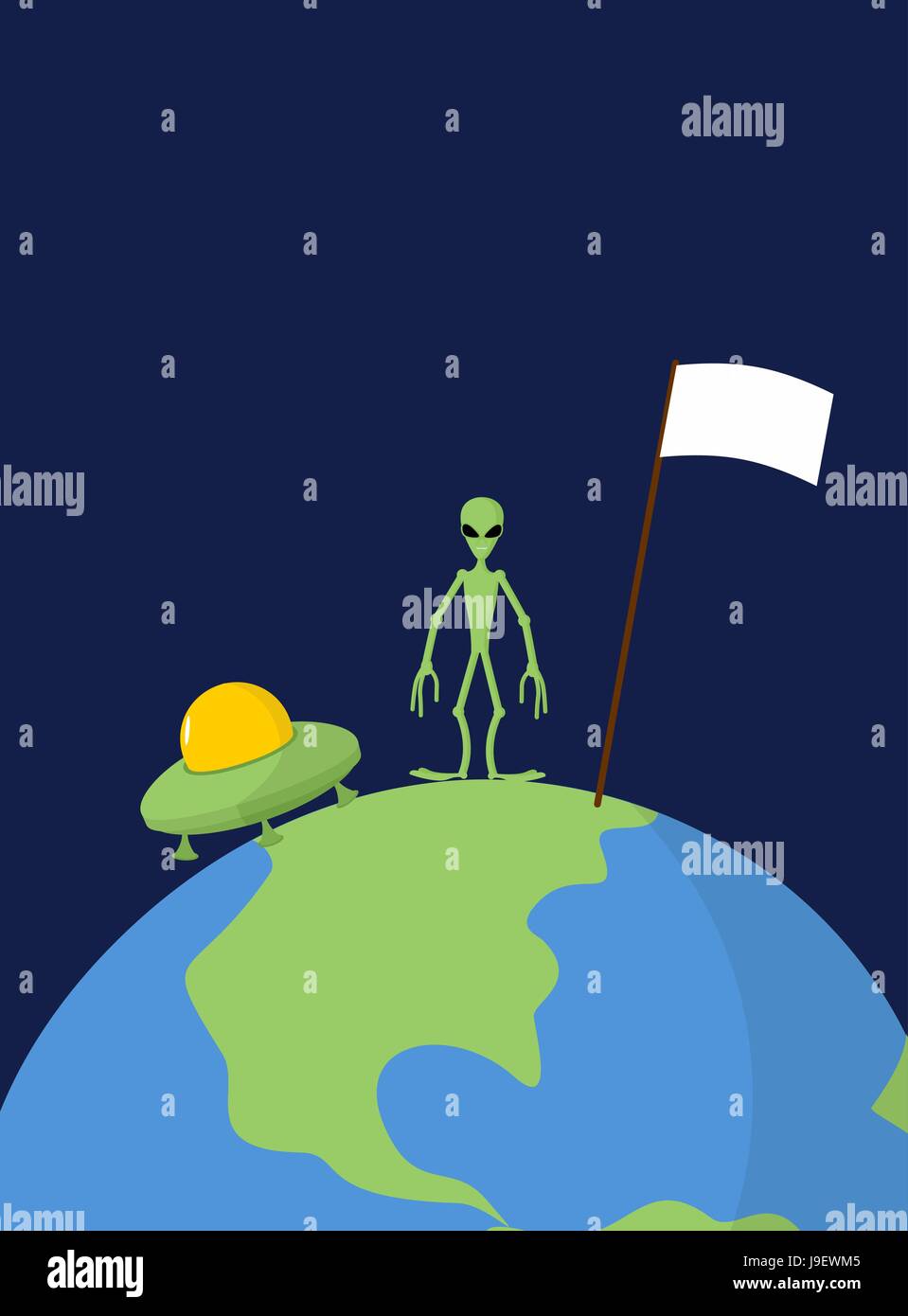UFO and alien with white flag stands on Earth. Vector illustration ...