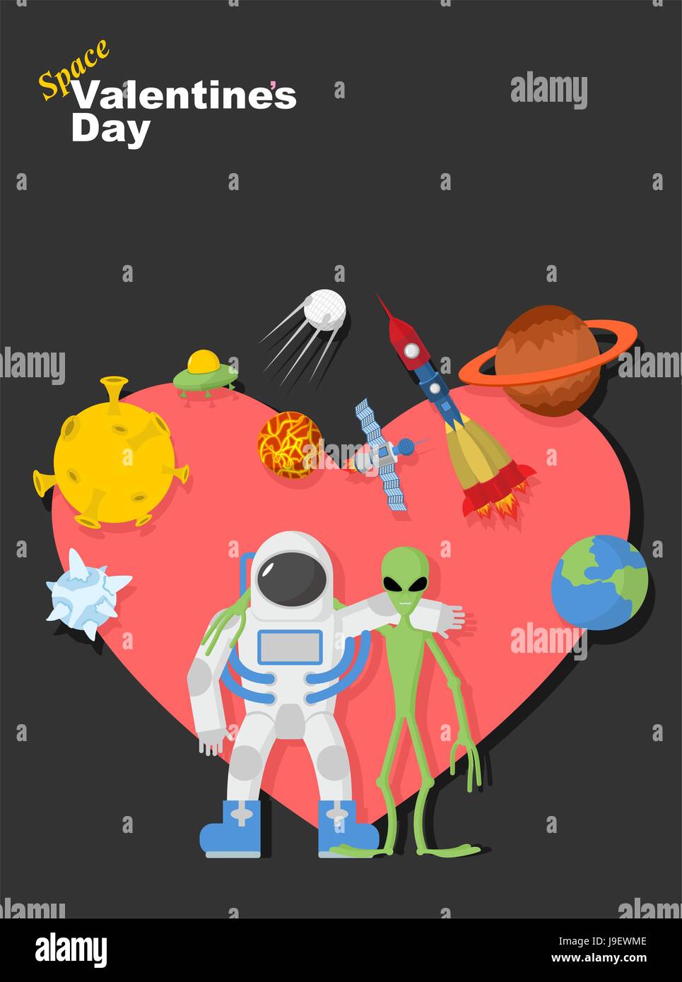 Astronaut and alien friends. Valentines day in space. Heart symbol with ...